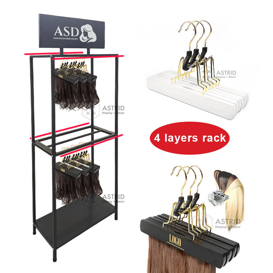 Rolling Wig & Hair Extension Display Rack, 4-Tier Rail Stand for Salons ...