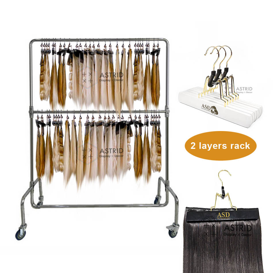 Movable 2-Tier Chrome Wig Display Stand, Rolling Steel Rack for Hair ...